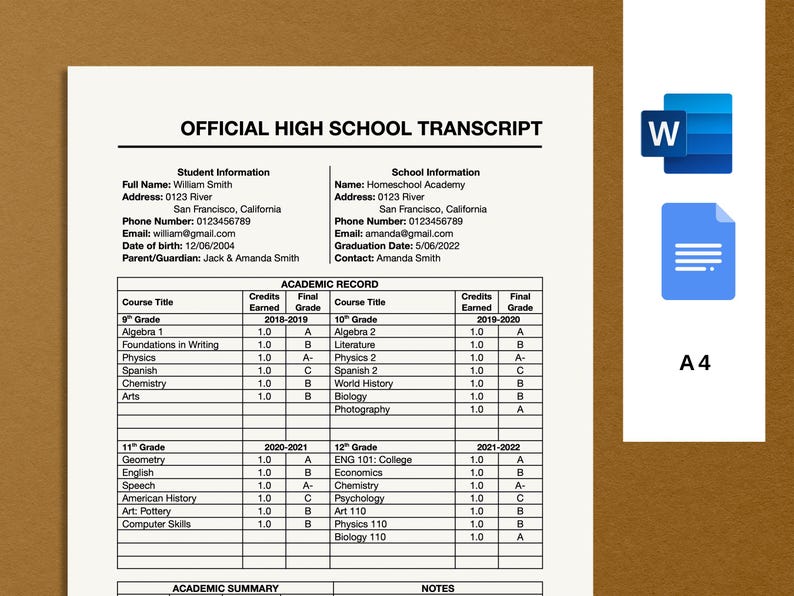 Printable High School Transcript Template, Homeschool Transcript ...