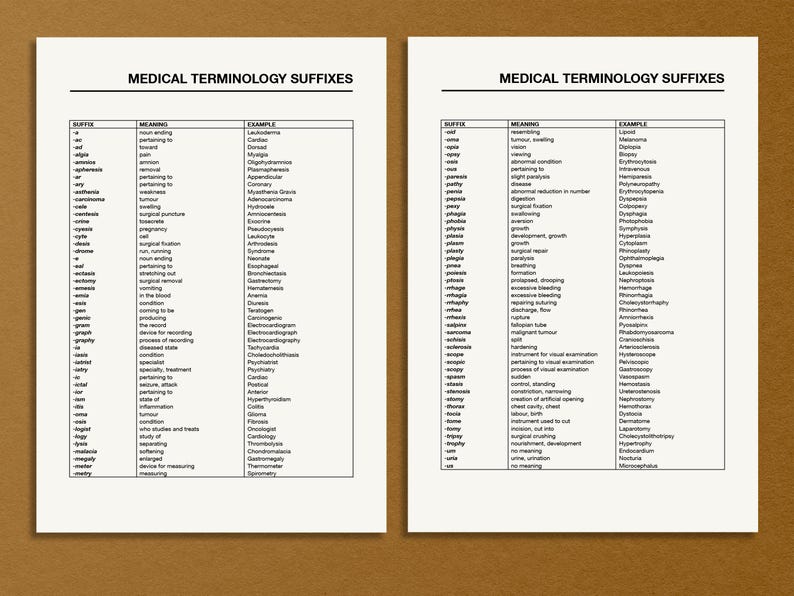 Medical Terminology List, Printable Medical Prefixes and Suffixes in ...