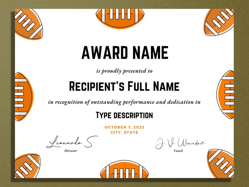 Editable Football Award Certificate Template, Printable Sport Award ...