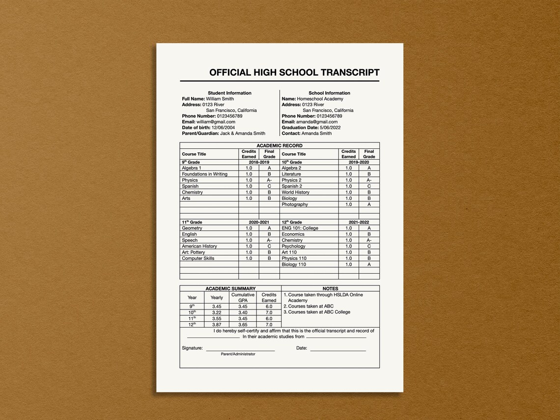 Printable High School Transcript Template, Homeschool Transcript ...
