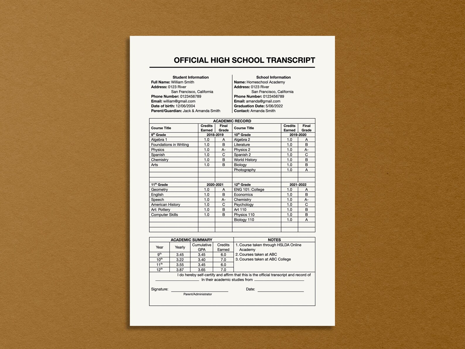 Printable High School Transcript Template, Homeschool Transcript ...