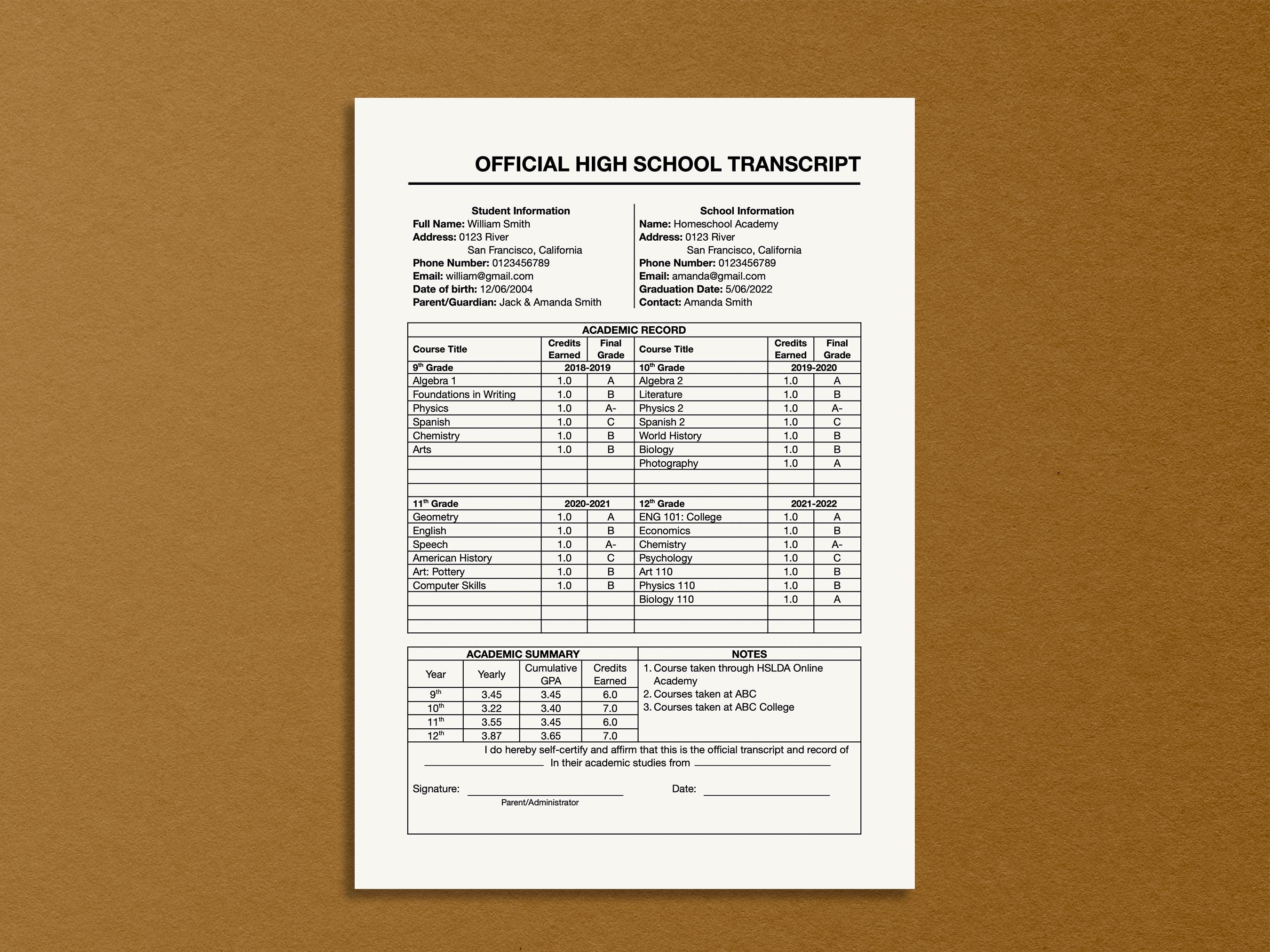 Printable High School Transcript Template, Homeschool Transcript ...