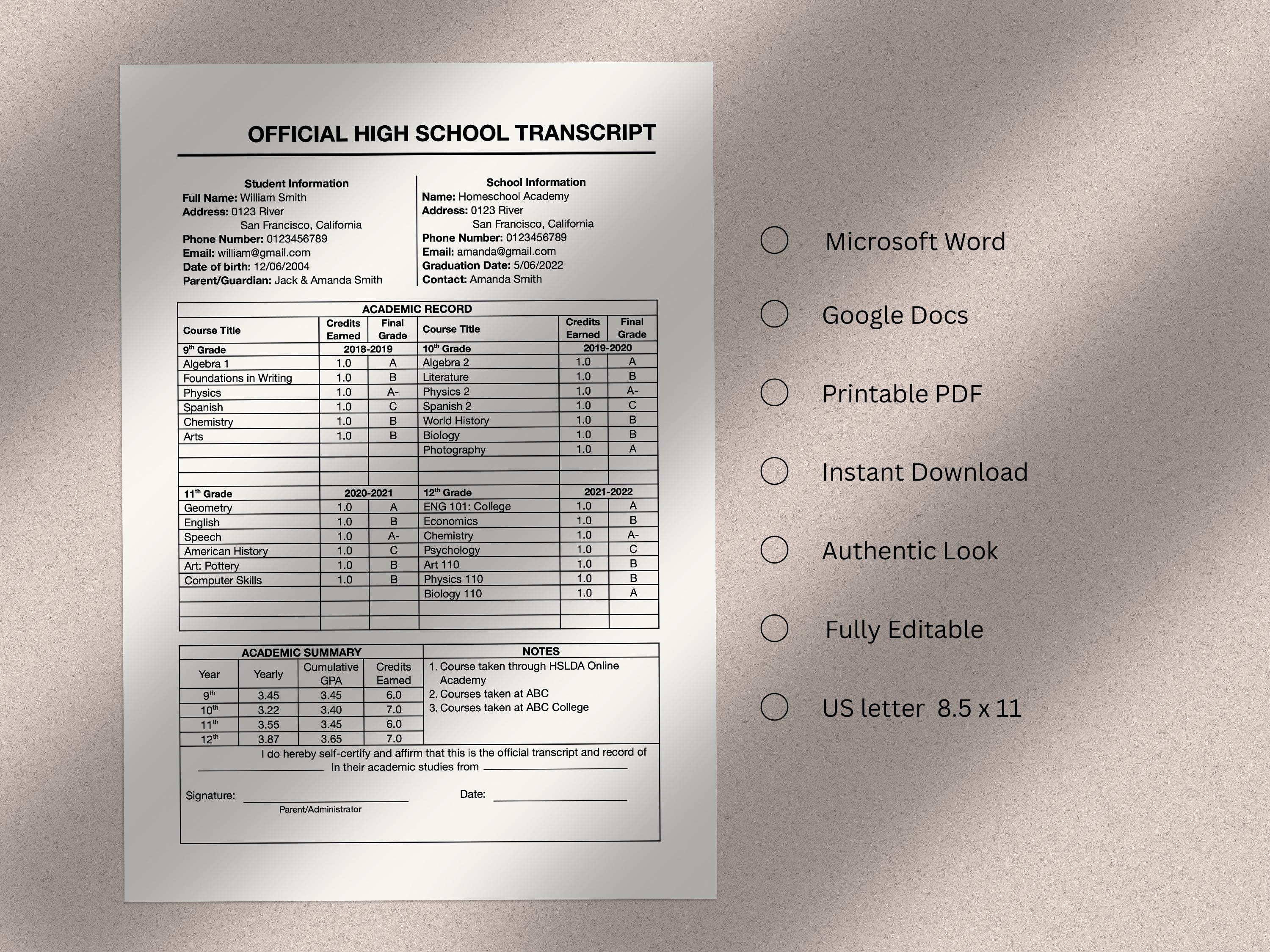 Printable High School Transcript Template, Homeschool Transcript ...
