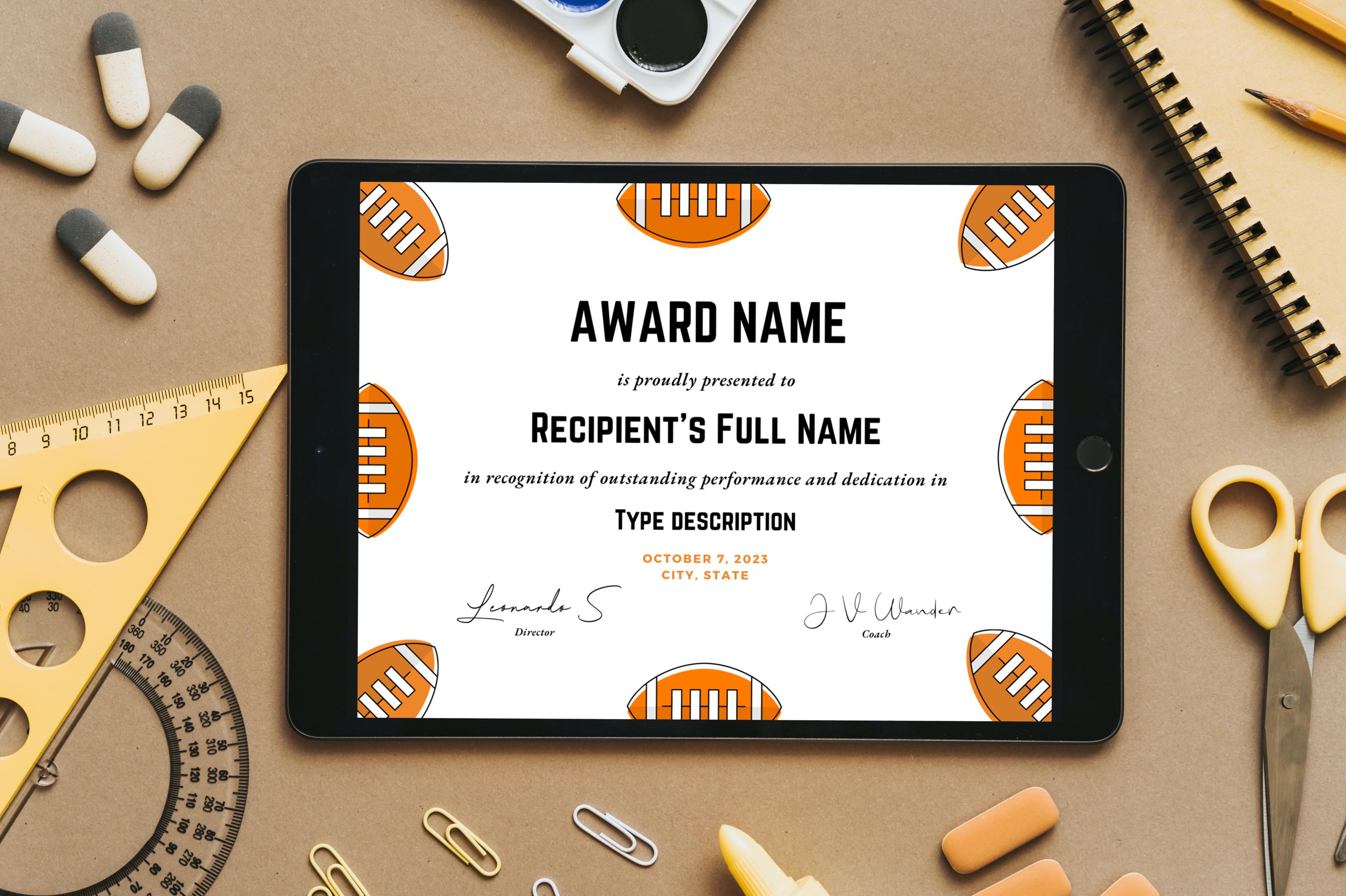 Editable Football Award Certificate Template, Printable Sport Award ...