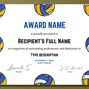 Customizable Volleyball Award Certificate Template, Printable Sport ...