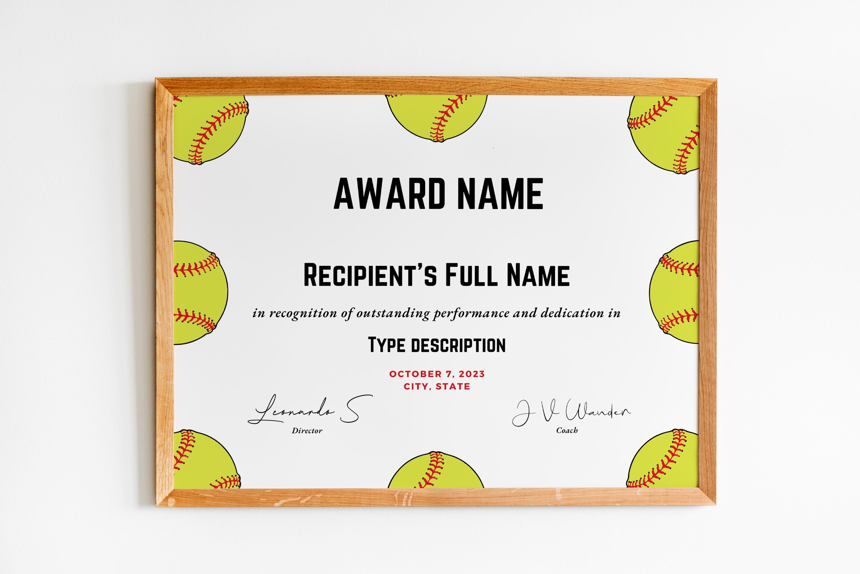 Editable Softball Award Certificate Template, Printable Sport Award ...