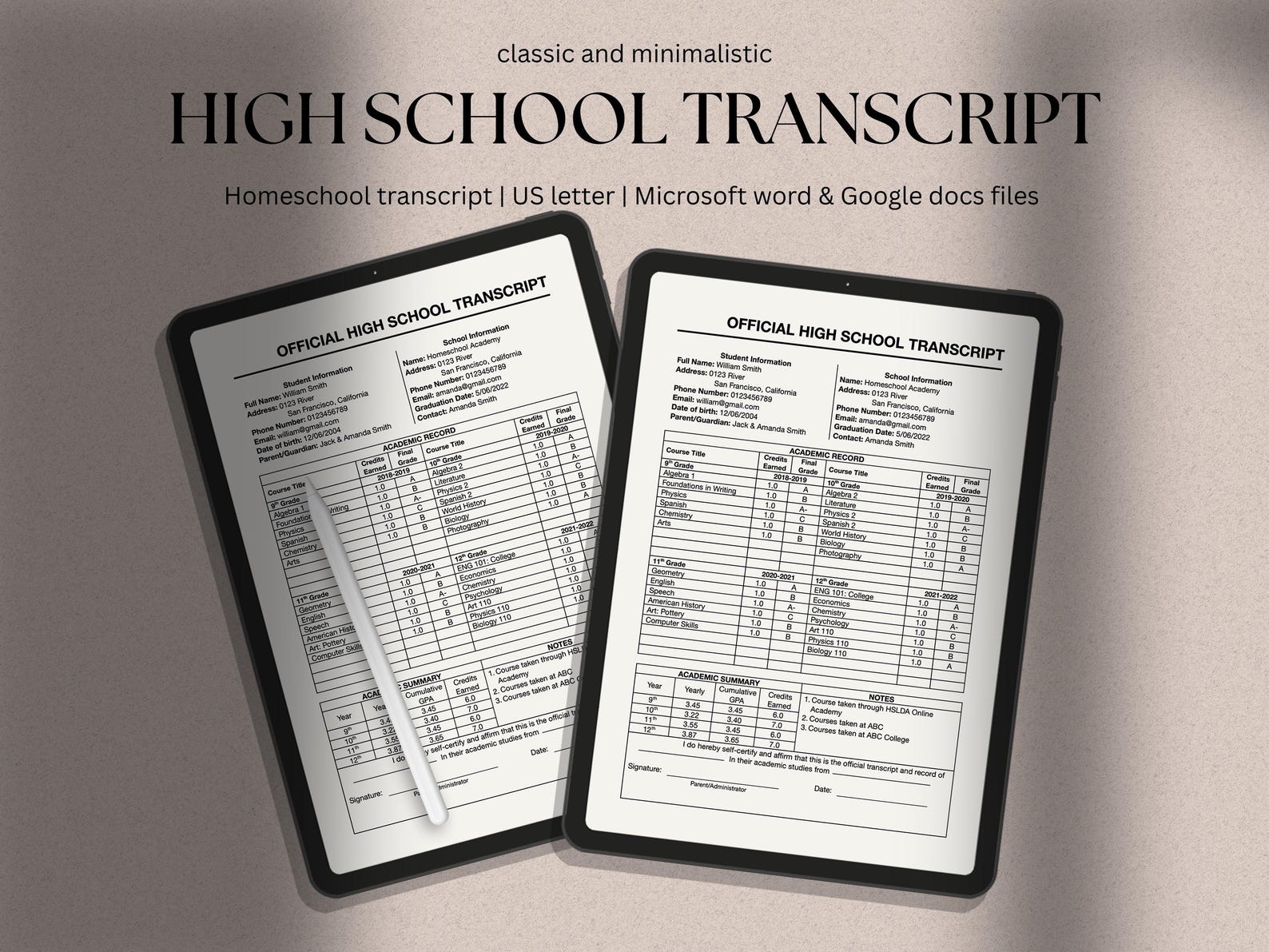 Printable High School Transcript Template, Homeschool Transcript ...