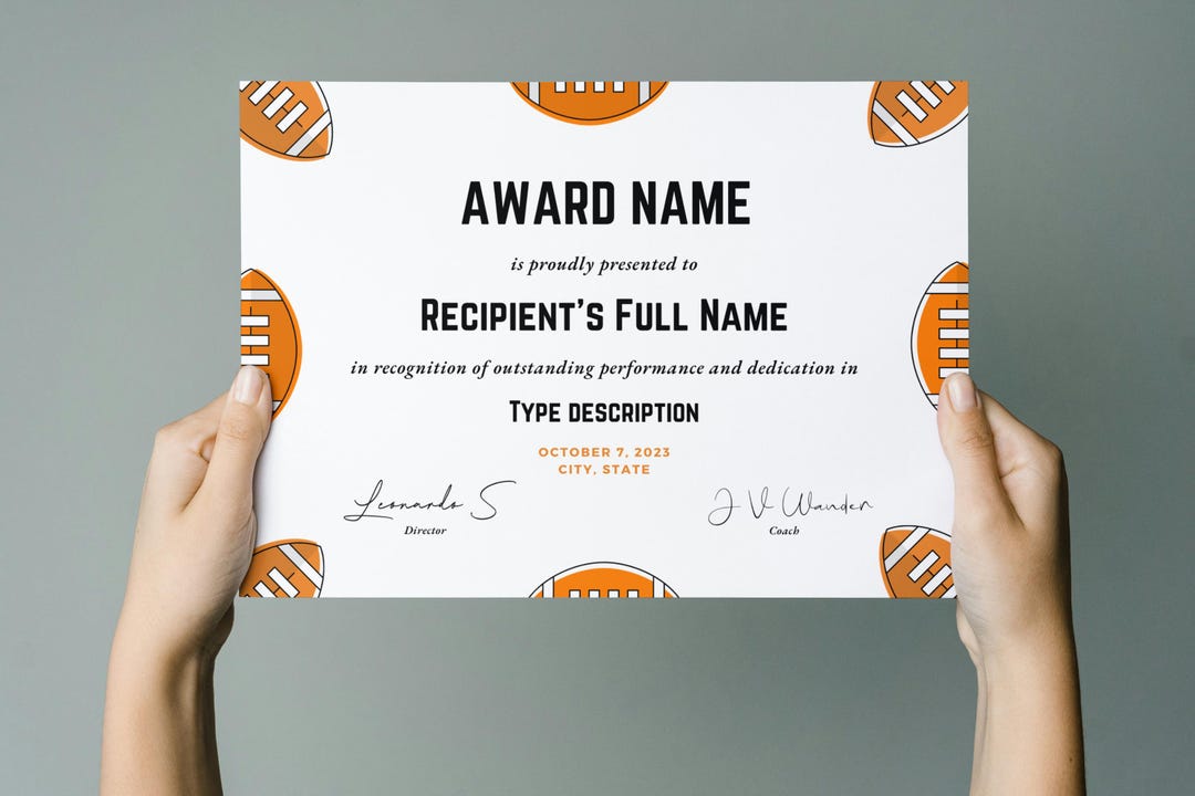 Editable Football Award Certificate Template, Printable Sport Award ...