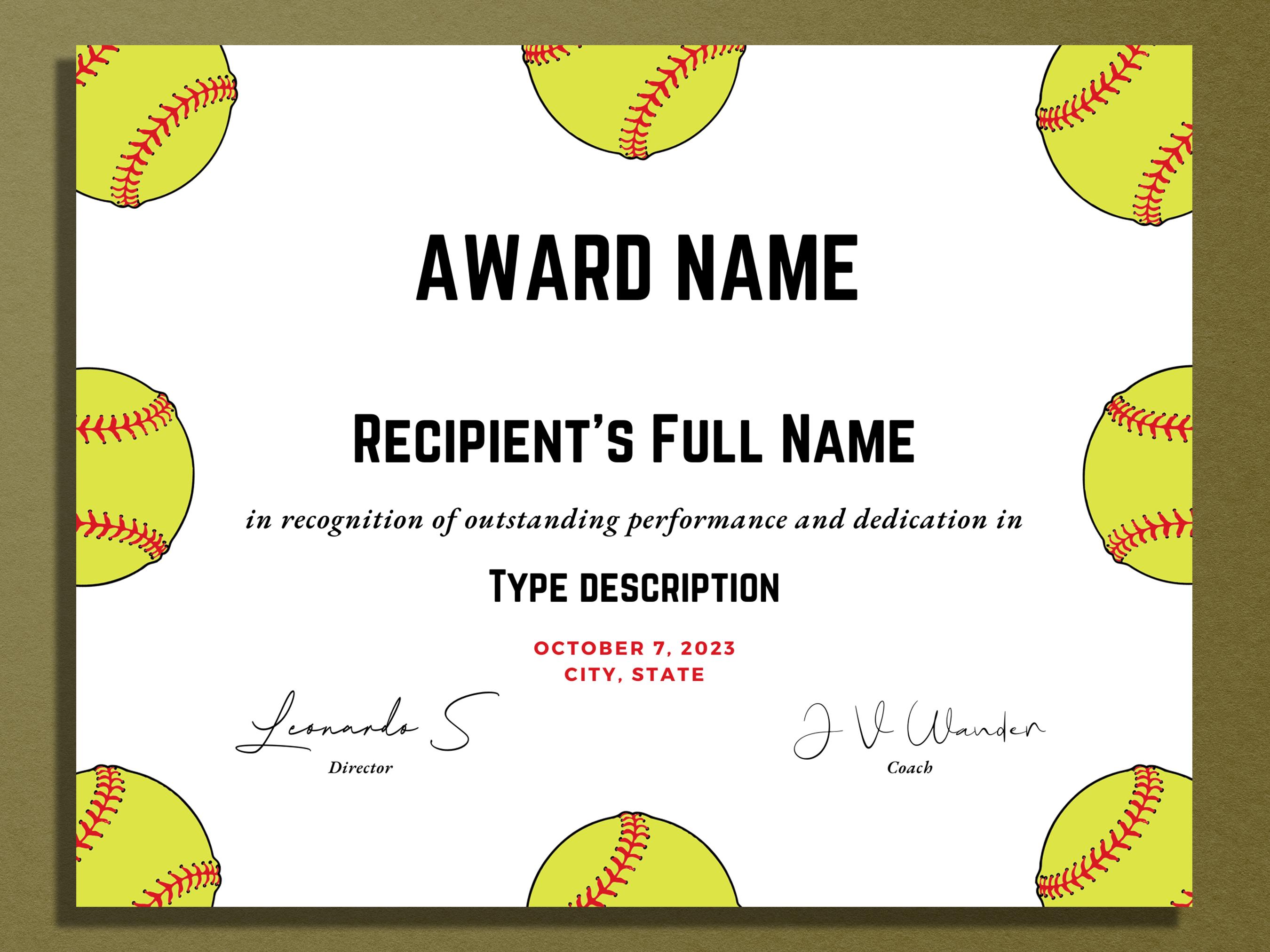 Editable Softball Award Certificate Template, Printable Sport Award ...