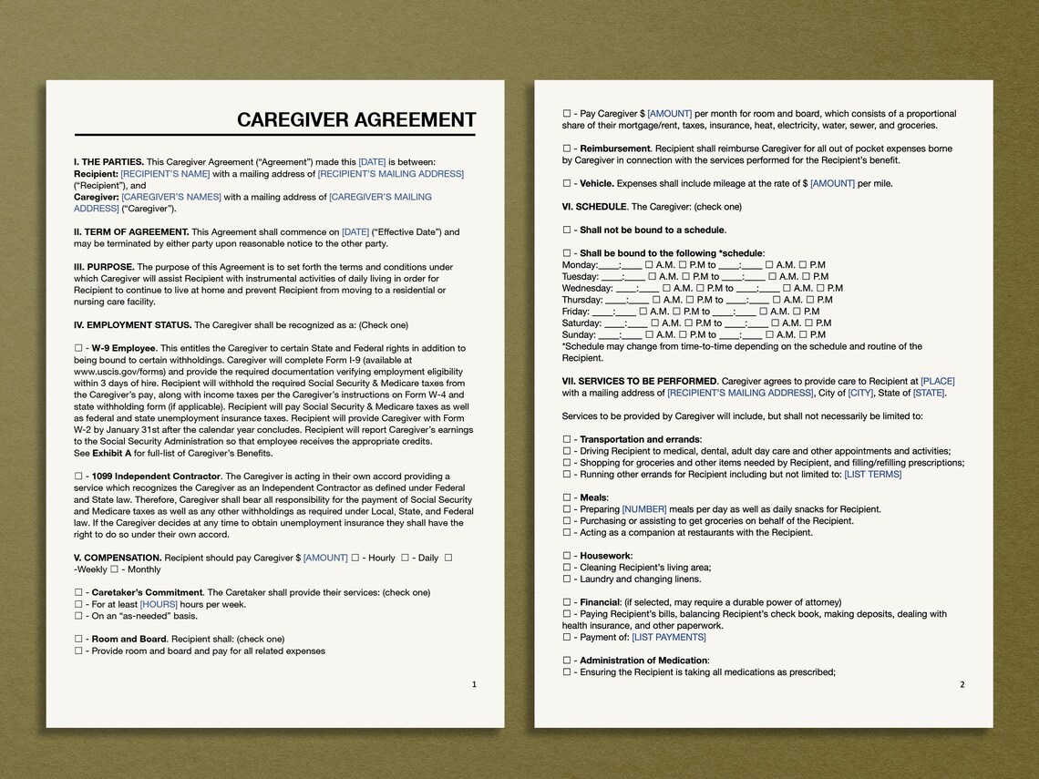 Caregiver Agreement Doc Simple Template, MS Word Editable Service ...