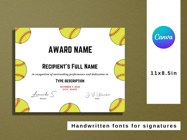 Editable Softball Award Certificate Template, Printable Sport Award ...