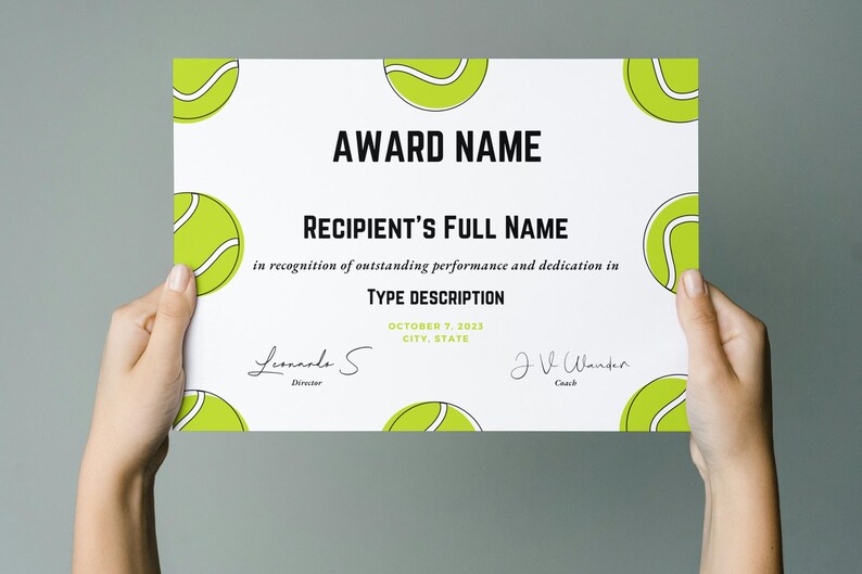 Customizable Tennis Award Certificate Template, Printable Sport Award ...