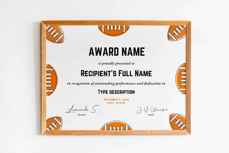 Editable Football Award Certificate Template, Printable Sport Award ...
