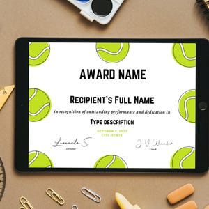 Customizable Tennis Award Certificate Template, Printable Sport Award ...
