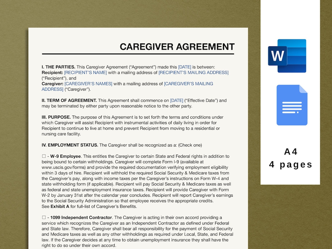 Caregiver Agreement Doc Simple Template, MS Word Editable Service ...