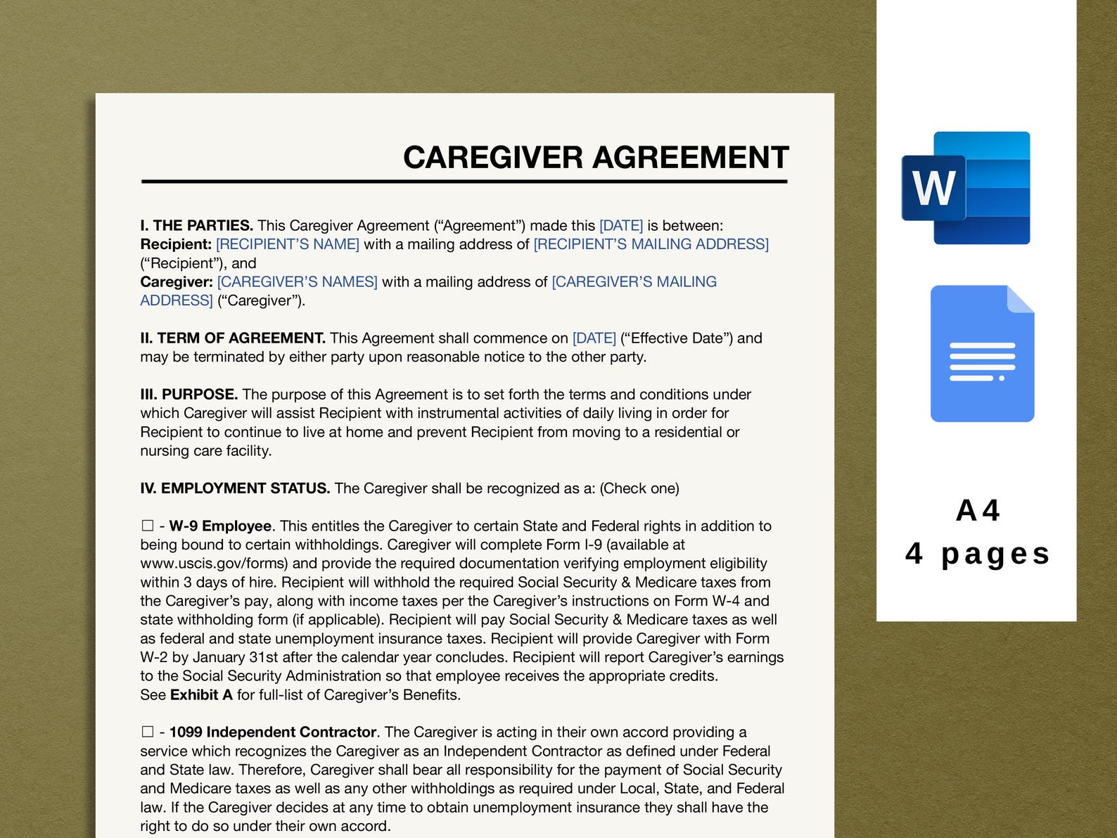 Caregiver Agreement Doc Simple Template, MS Word Editable Service ...