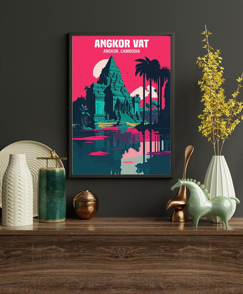 Angkor Wat Cambodia Travel Poster Khmer Empire Art Print Siem Reap Wall ...