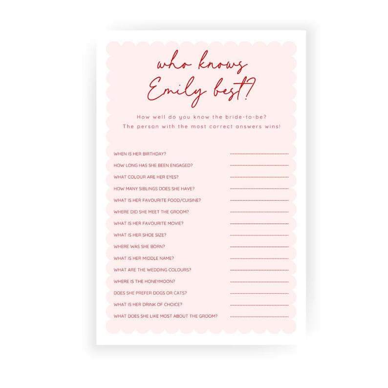 Hen Do Party Game, Who Knows the Bride the Best, Pink Red Wavy Border ...