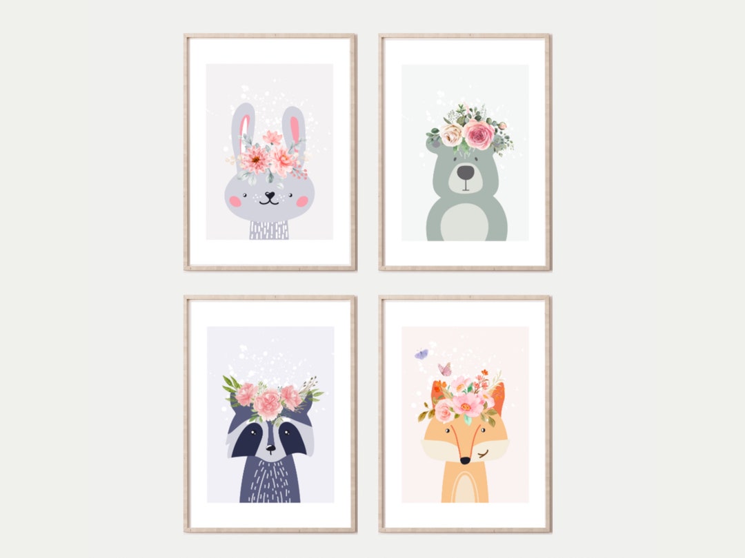 Scandi Animals Poster for Children's Bedroom, Boho Flowers Nursery ...