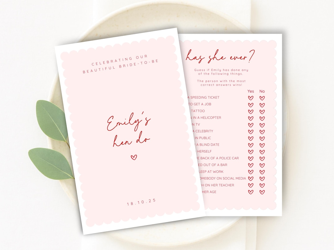 Hen Do Party Game, Has She Ever, Ever or Never, Pink Red Wavy Border ...