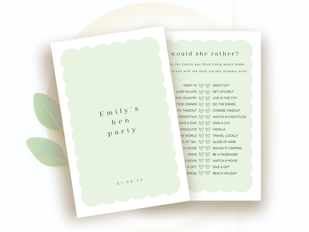 Hen Do Party Game, Would She Rather Quiz, Neutral Pretty Sage Green ...