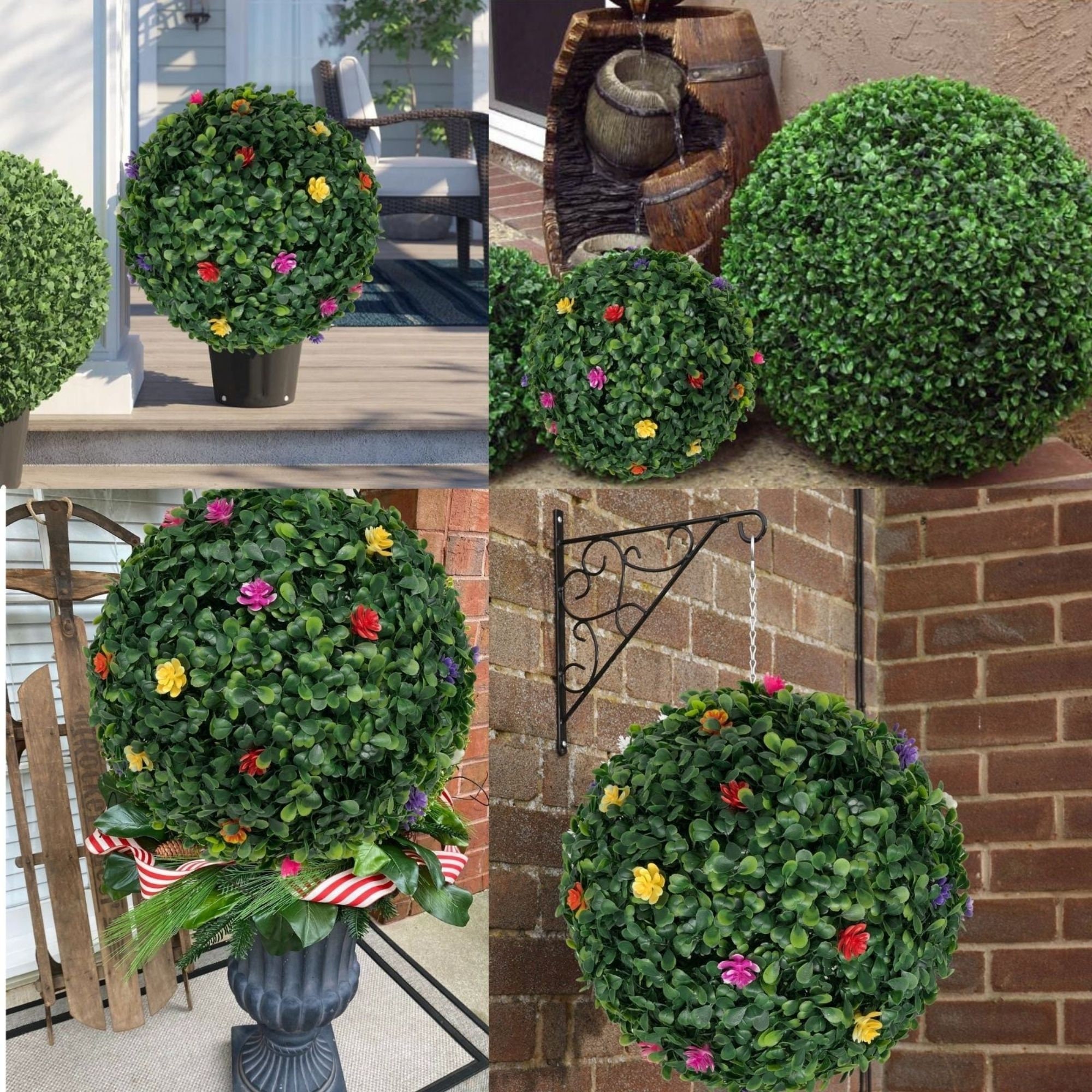 2PCS Artificial Topiary Balls With Small Flowers 11inch Diameter ...