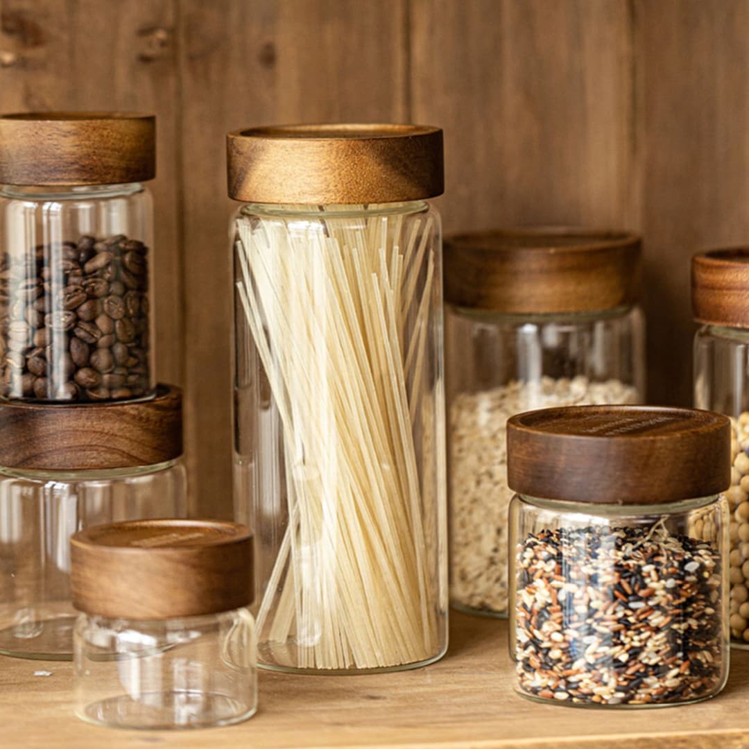Acacia Wooden Glass Storage Jars, Coffee Powder Airtight Jars, Coffee ...