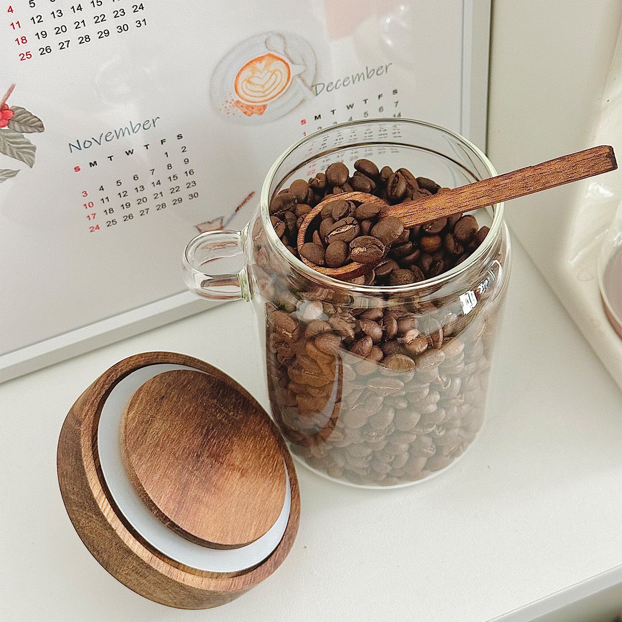 Coffee Bean Jar With Spoon,kitchen Food Storage Jar,round Glass Sugar ...