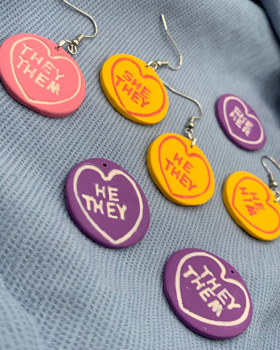 Custom Mix and Match Pronoun Earrings, Handmade Polymer Clay Love Heart ...
