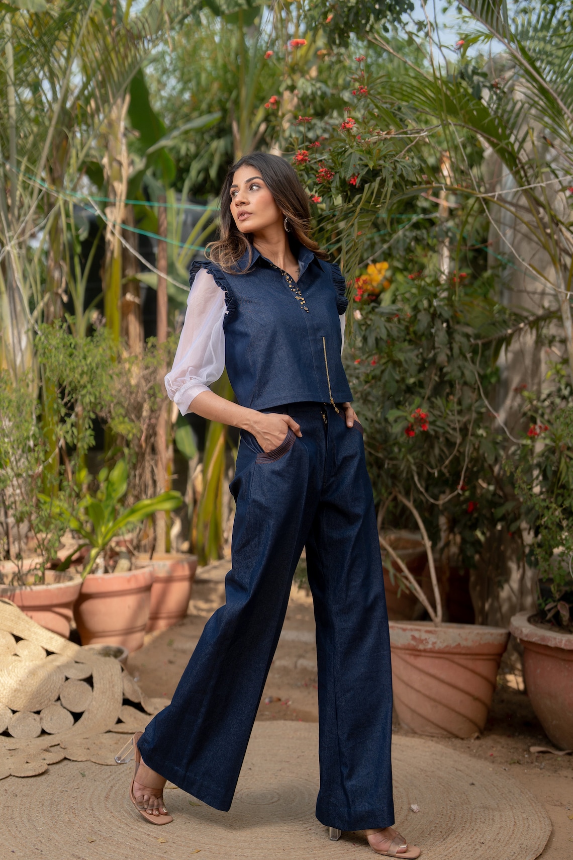 Boho Denim Co-ord Set, Wide Leg Pants & Crop Top, Puffy Sleeve Jumpsuit ...