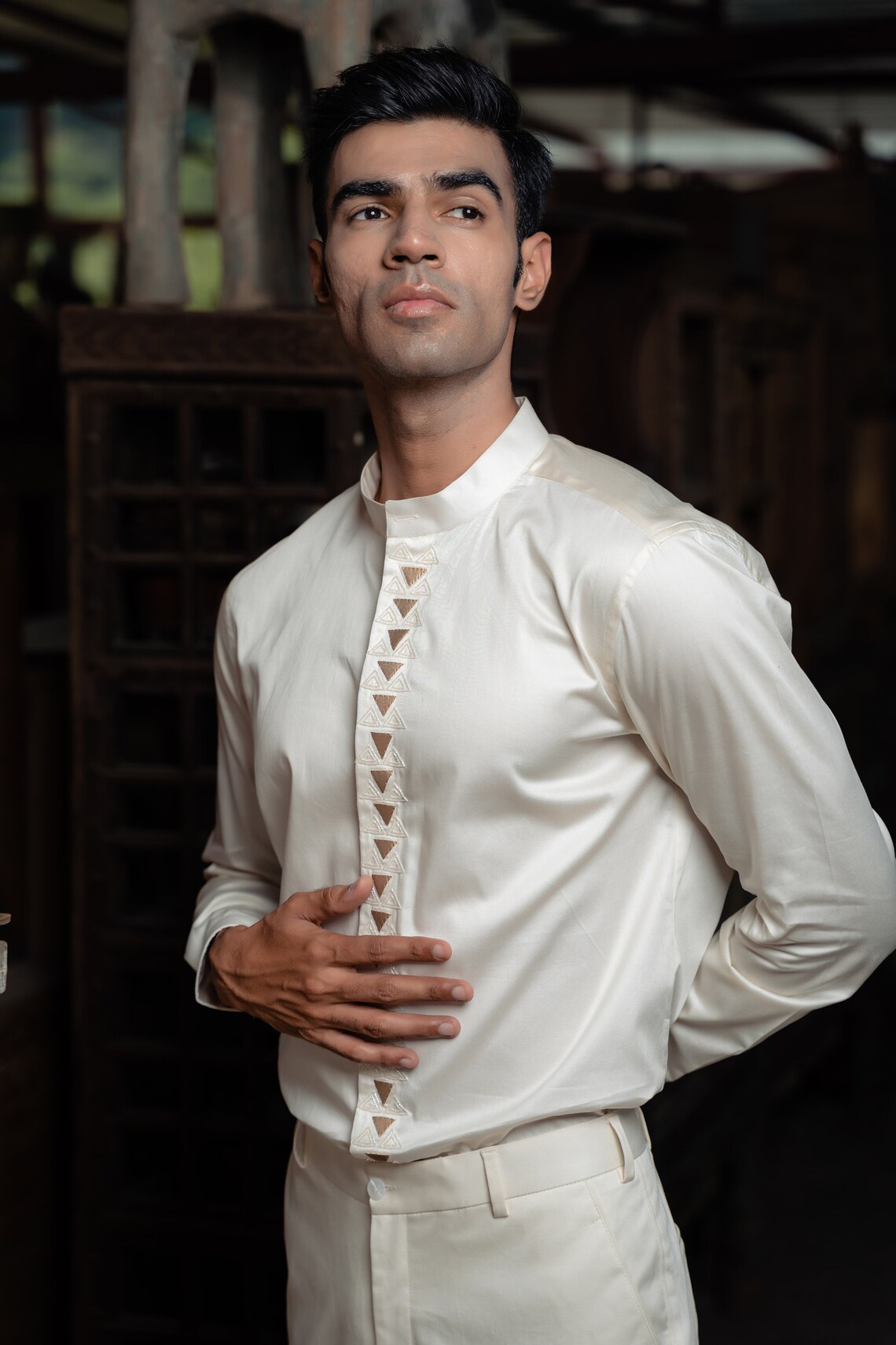 Off White Button Down Long Sleeve Shirt With Band Collar Formal Wedding Party or Office Wearing ...