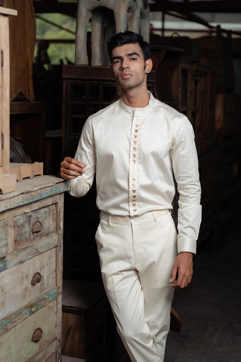 Off White Button Down Long Sleeve Shirt With Band Collar Formal Wedding ...