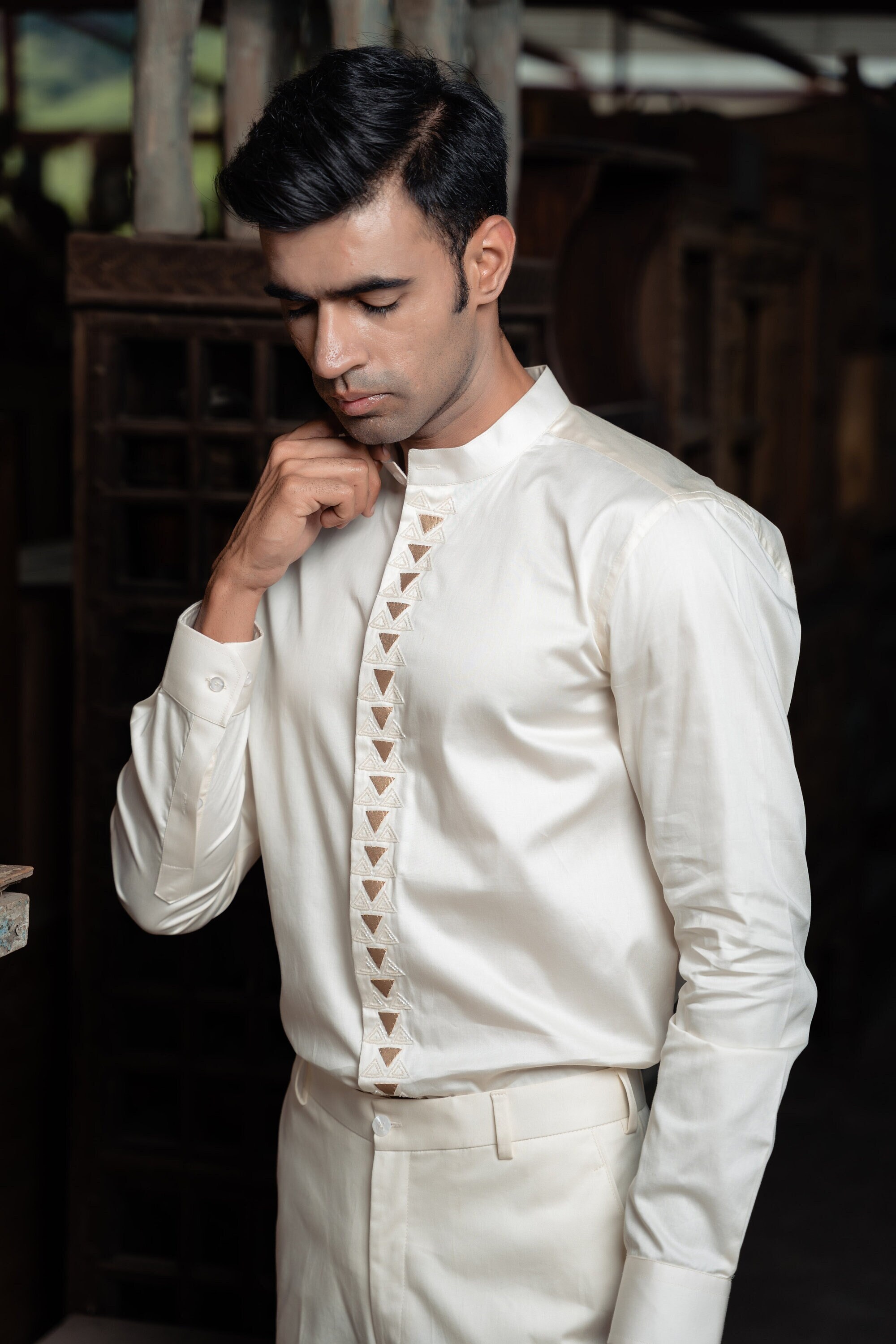 Off White Button Down Long Sleeve Shirt With Band Collar Formal Wedding Party or Office Wearing ...