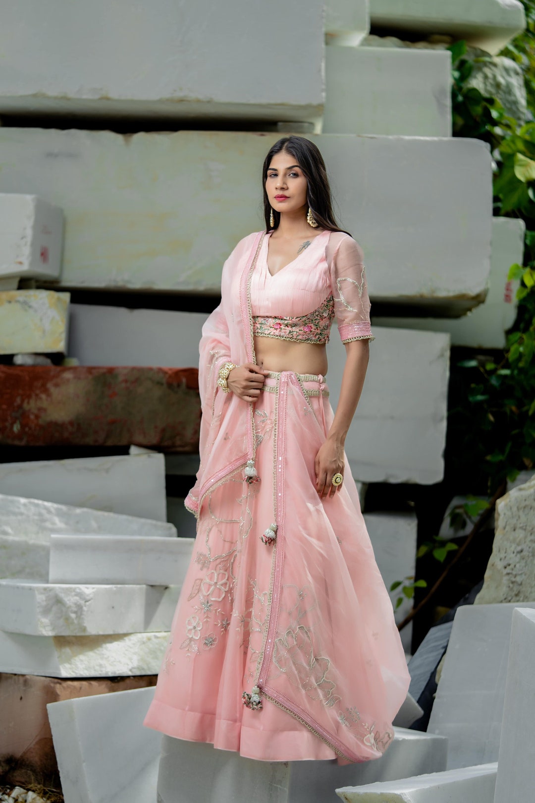 Bralette Top With Dupatta Lehenga Choli Set Rose Pink Indian Wedding or ...