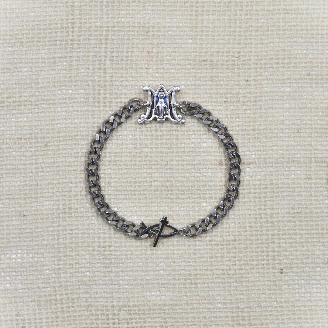 Stainless Steel Chain Ave Maria Blue Enameled Miraculous Medal Total ...