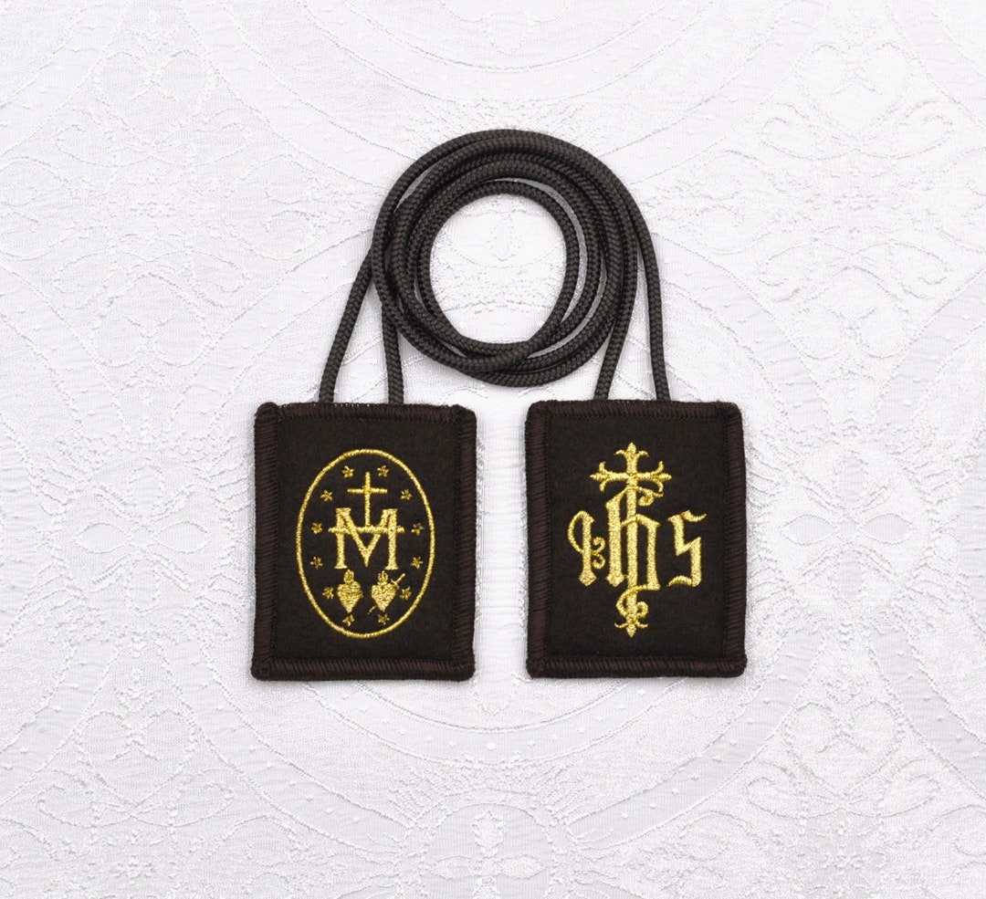 Miraculous Medal IHS Great Graces Brown Wool Scapular St. Catherine ...