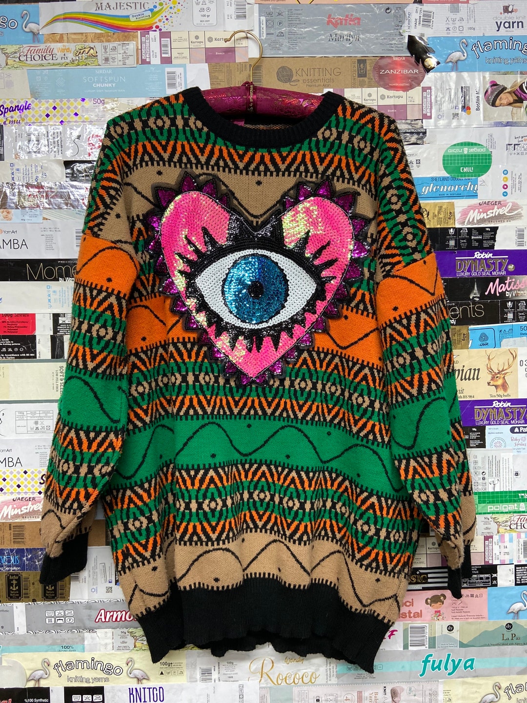 Reworked Vingage 90s Crazy Geometric Oversized Jumper Sweater Sequin ...