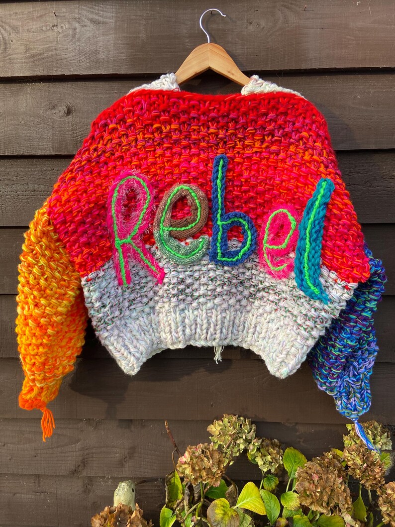 REBEL Hand Knit Colour Block Cardigan: Reclaimed Yarn, Balloon Sleeves ...