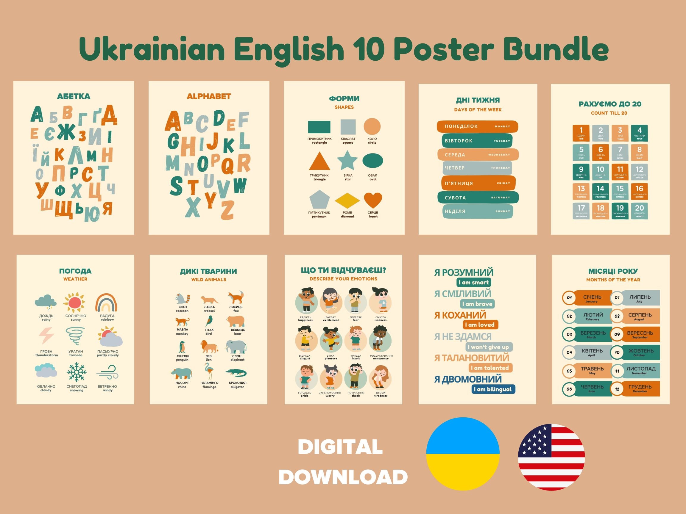 Ukrainian English Educational Poster Bundle, Ukrainian Alphabet ...