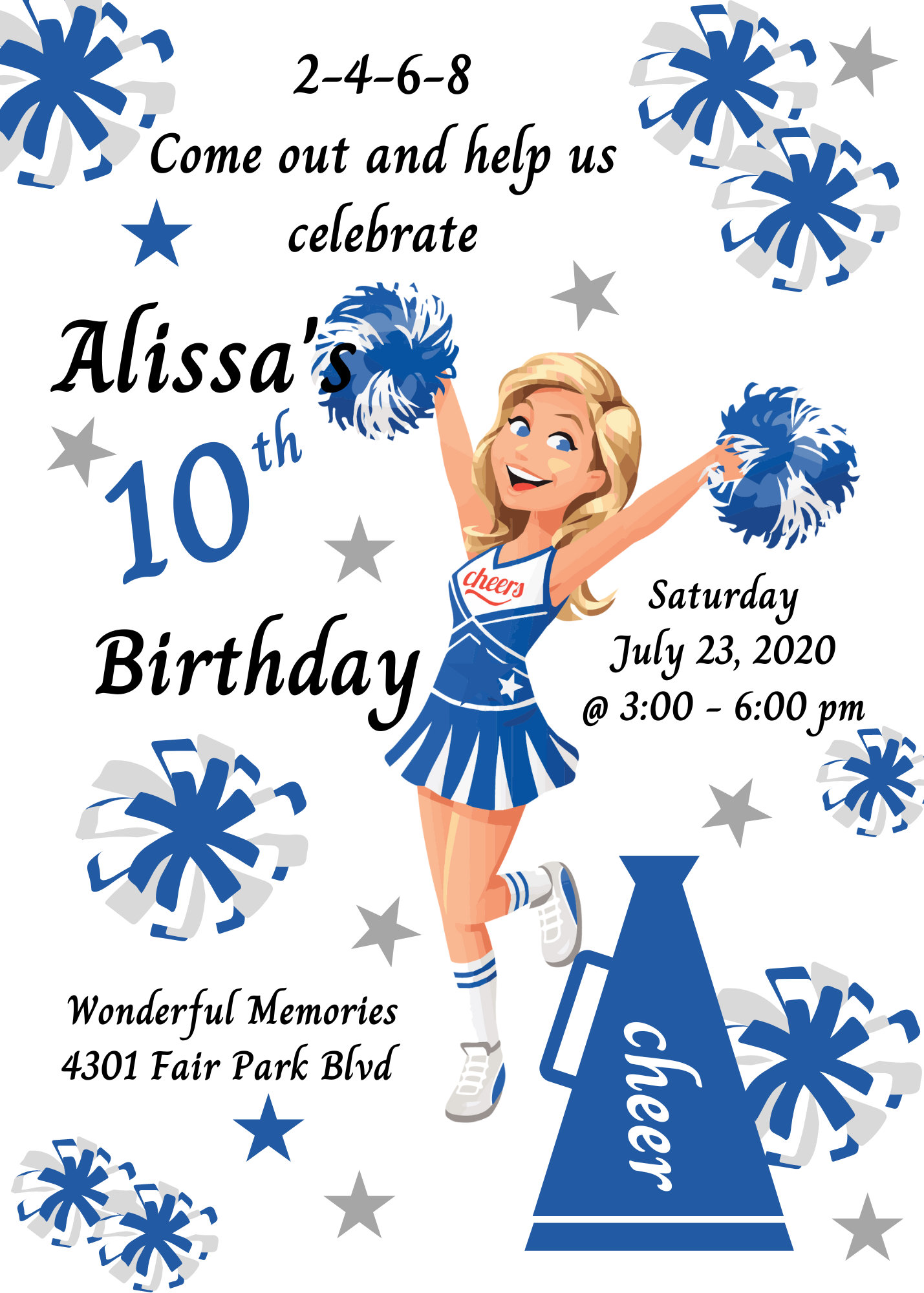 Cheerleader Birthday Party Digital Invitation Digital Download Editable ...