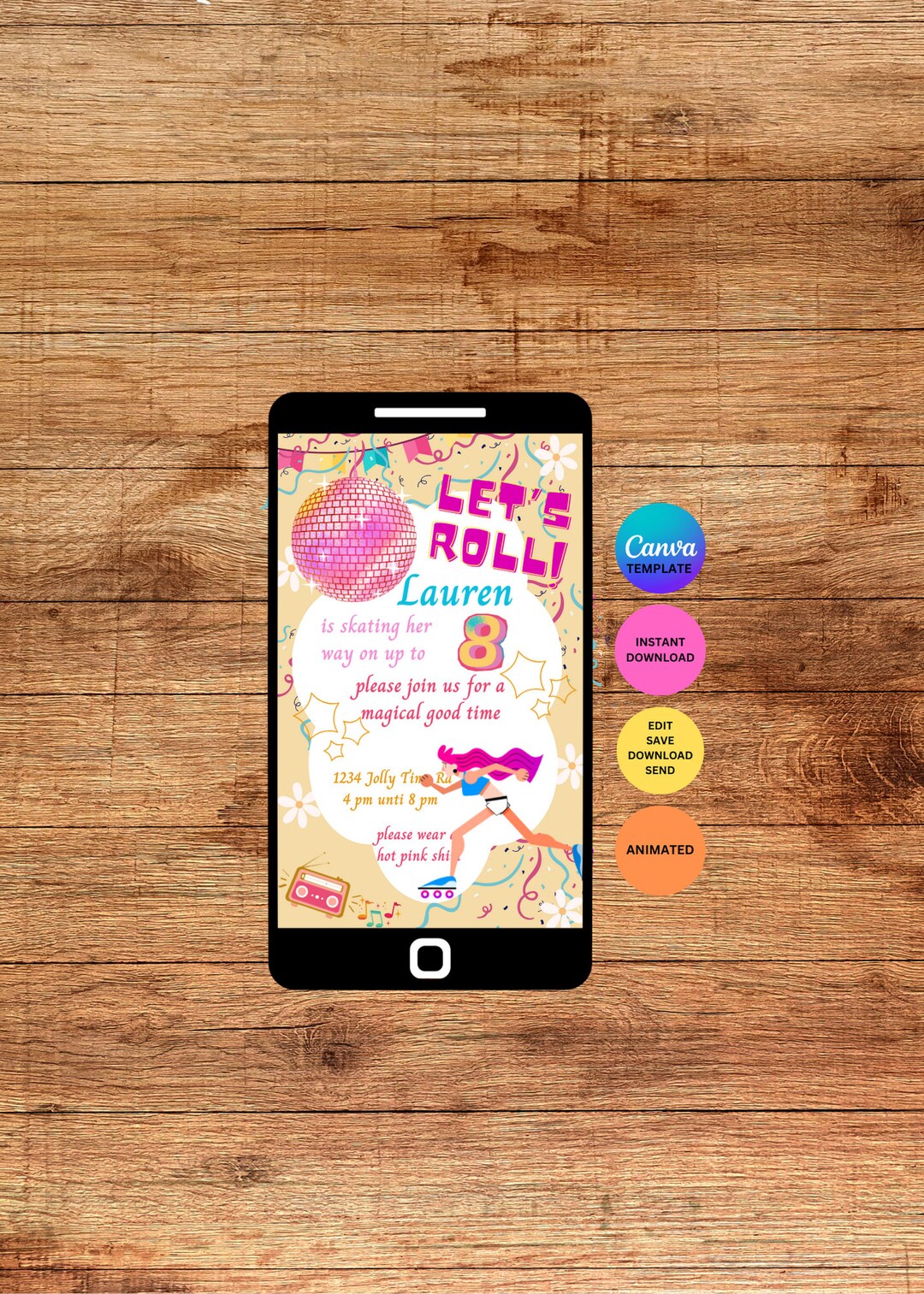 Roller Skating Birthday Party Digital Invitation Editable - Etsy