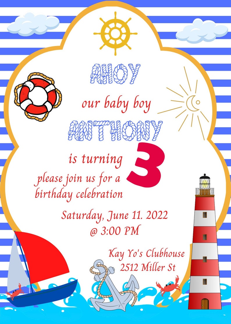 Ahoy Lighthouse Birthday Party Digital Invitation Instant Download ...