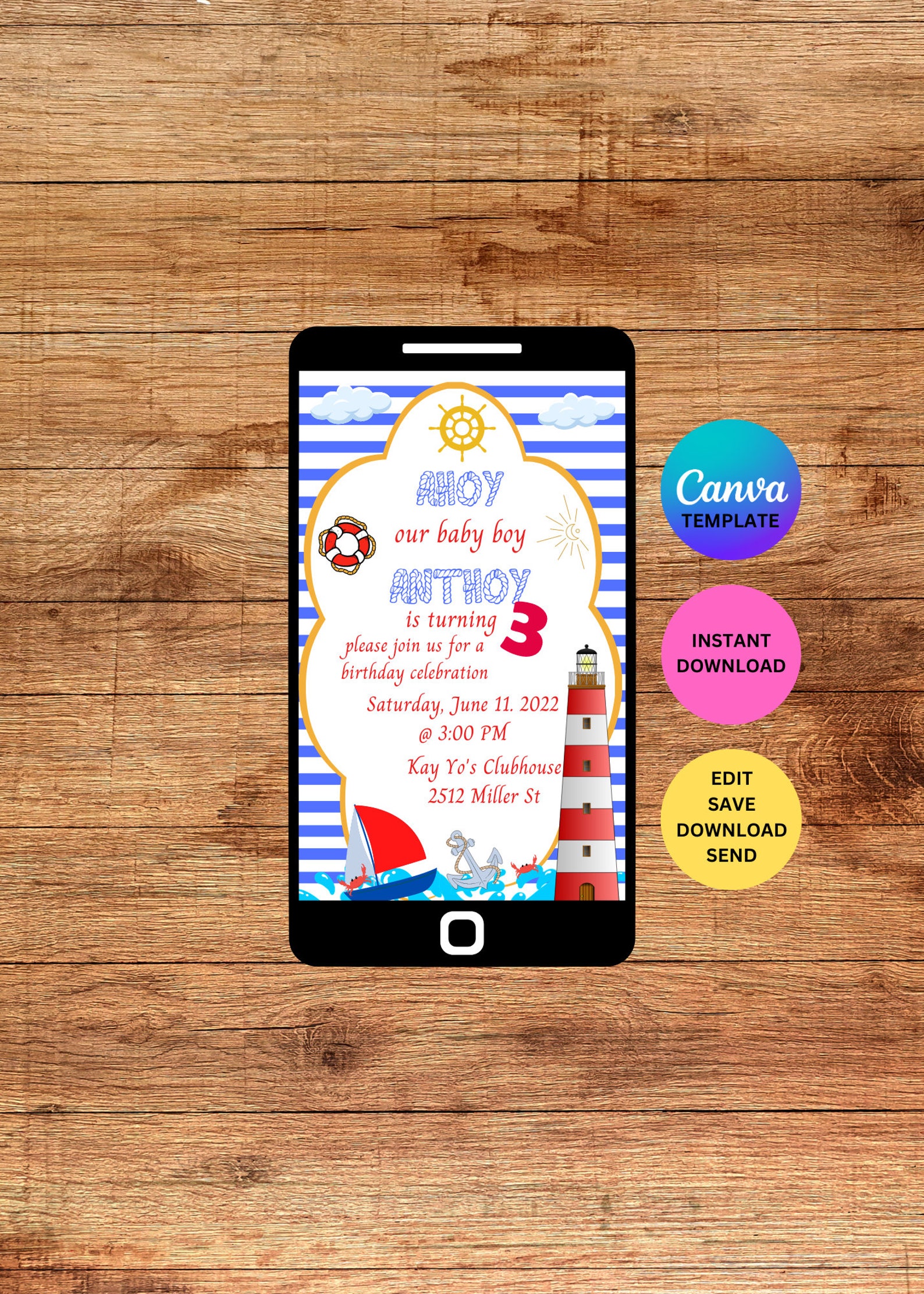 Ahoy Lighthouse Birthday Party Digital Invitation Instant Download ...