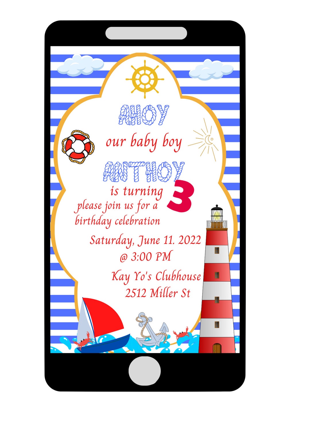 Ahoy Lighthouse Birthday Party Digital Invitation Digital Download ...