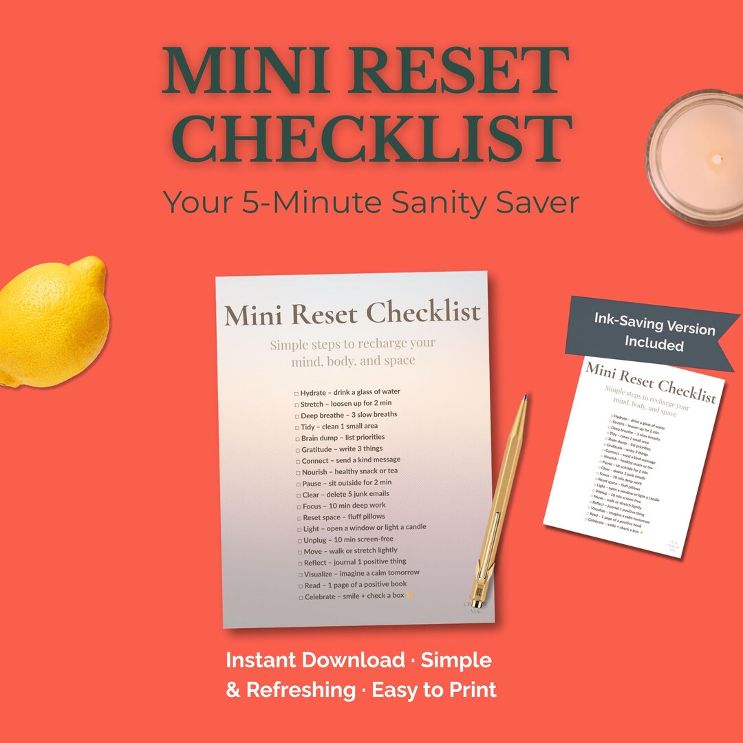 Mini Reset Checklist | Printable Daily Self-care Planner | Mind & Body ...