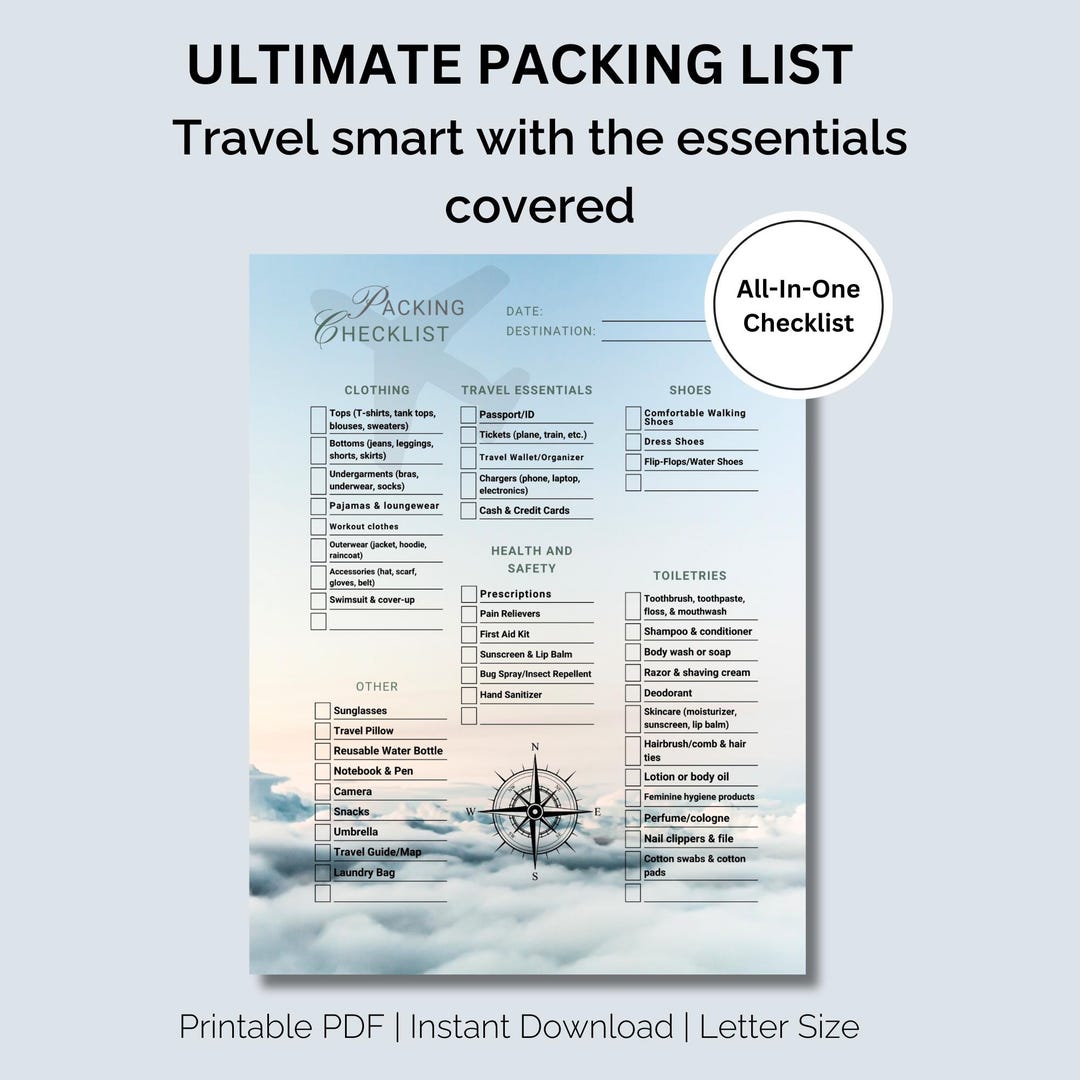 Travel Packing List PDF | Printable Vacation Checklist | Carry-on ...