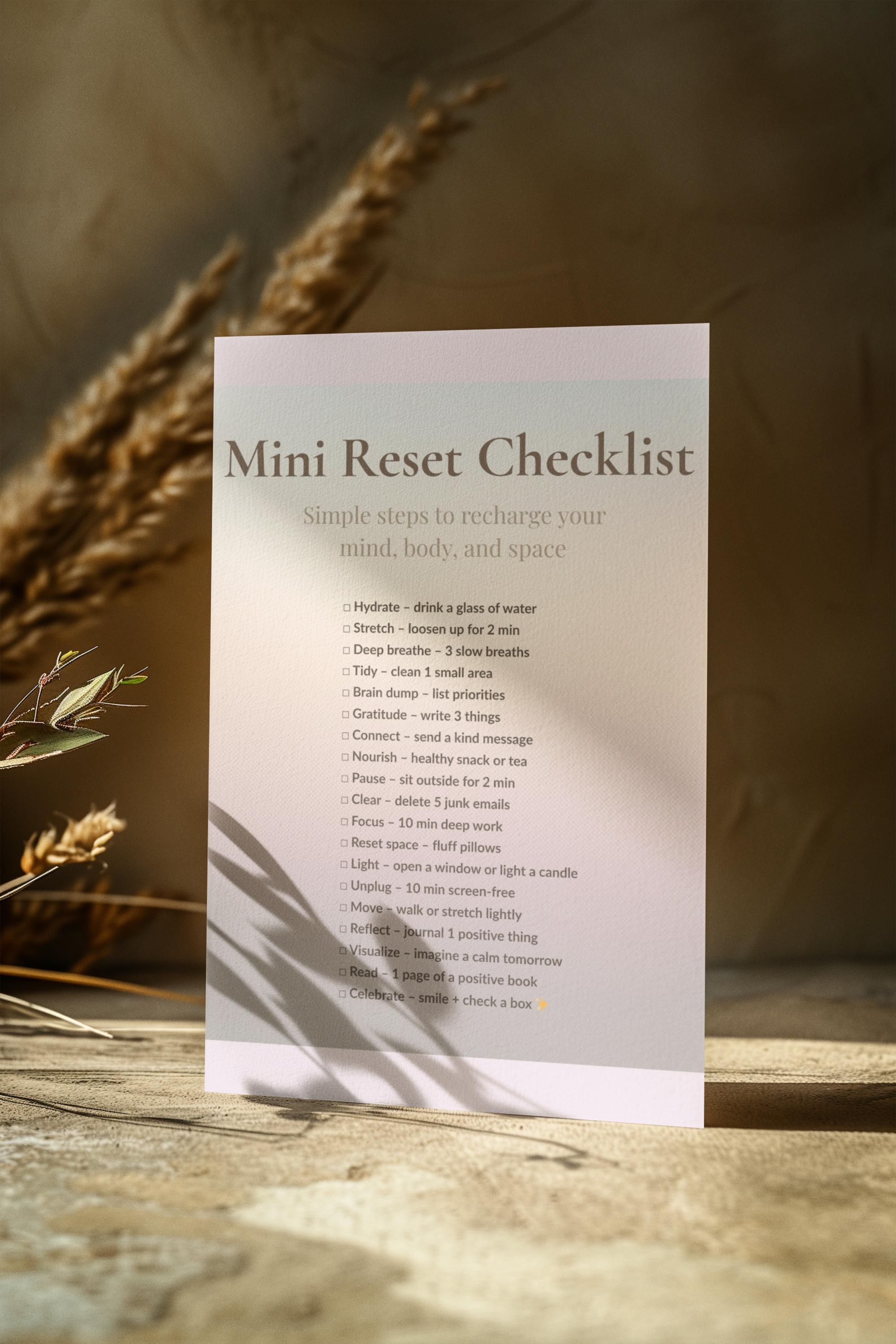 Mini Reset Checklist | Printable Daily Self-care Planner | Mind & Body ...