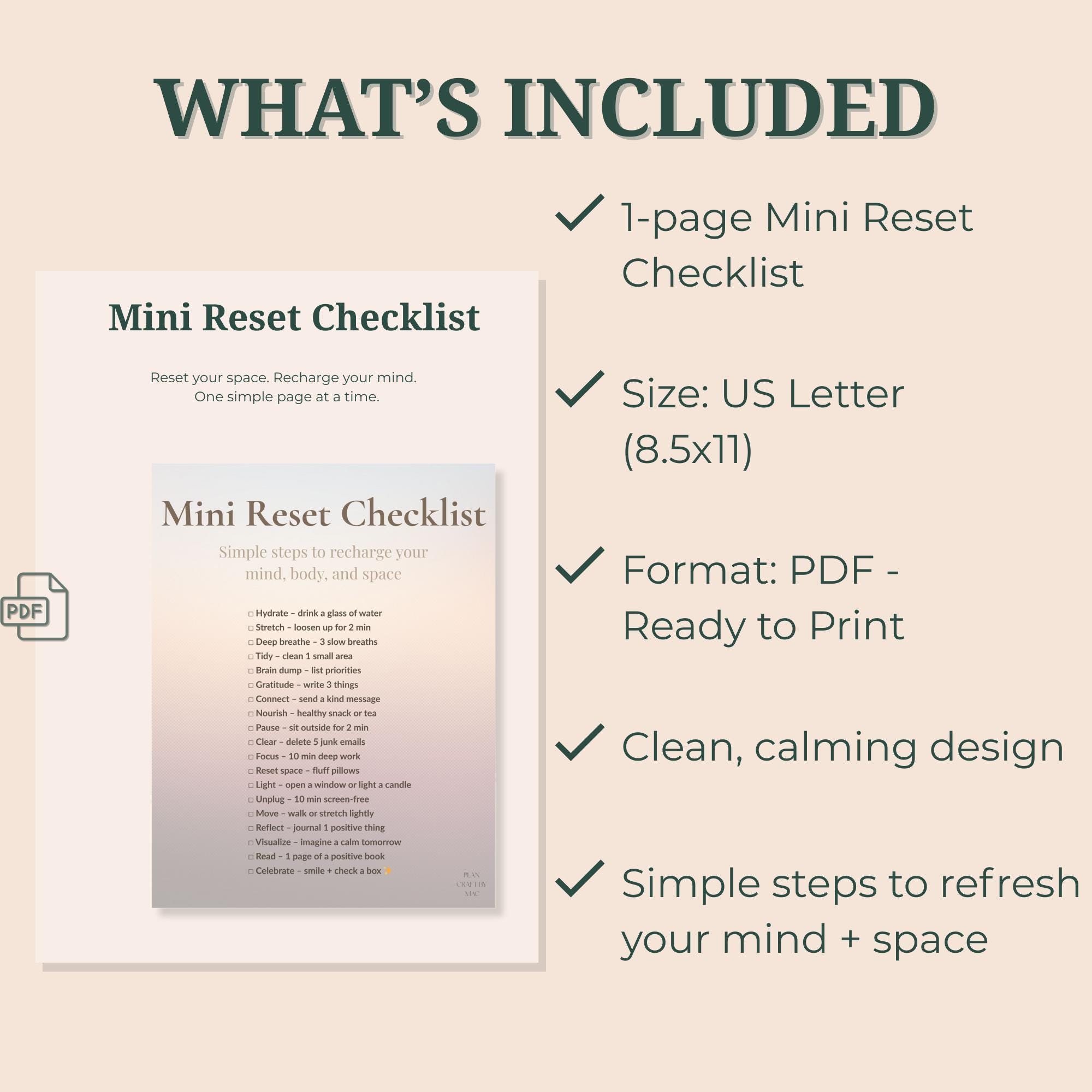 Mini Reset Checklist | Printable Daily Self-care Planner | Mind & Body ...