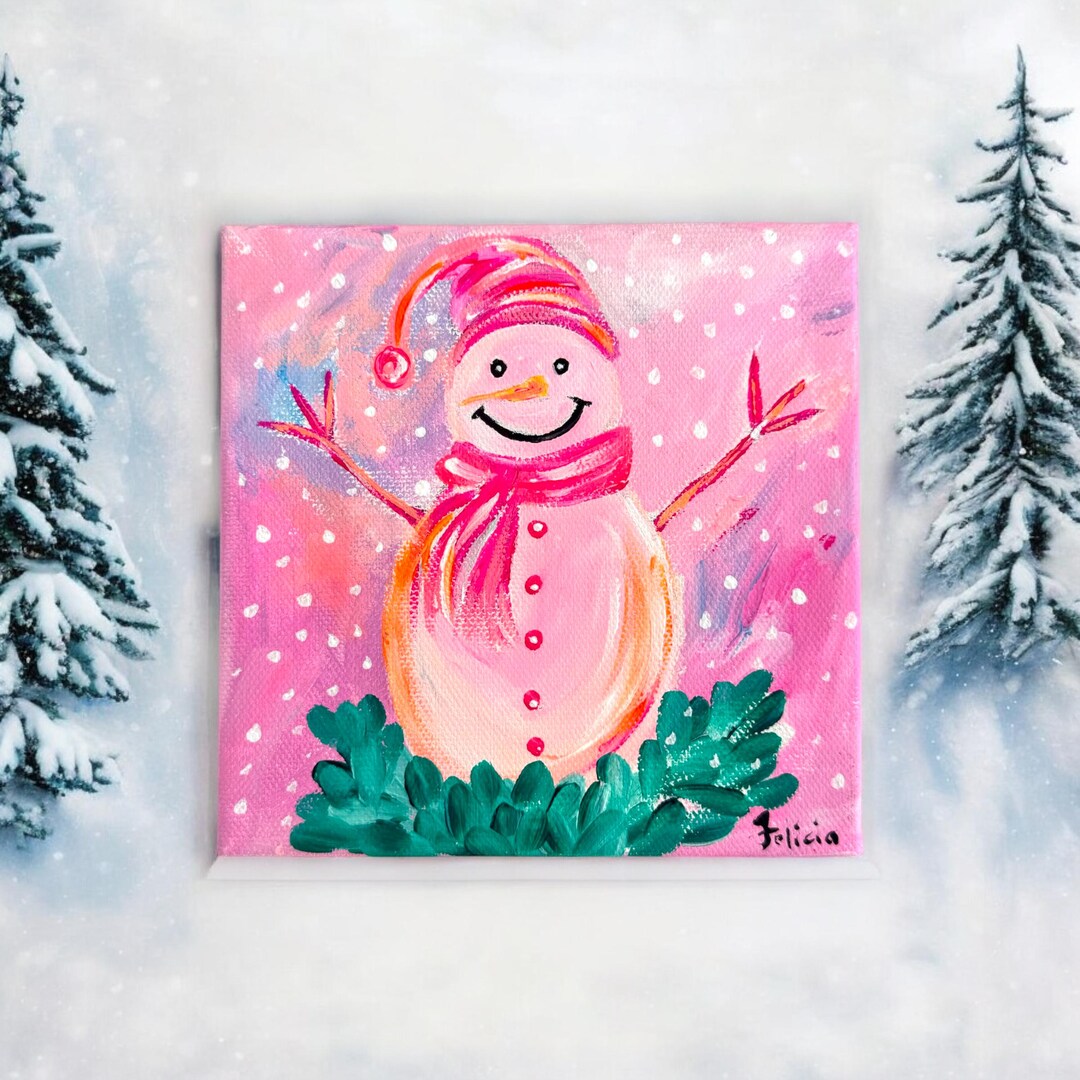 Original One of A Kind Pink Christmas Snow Man Painting - Etsy