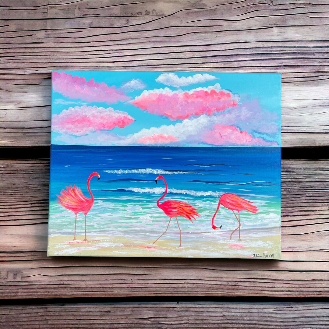 Original One of A Kind 3 Flamingos on the Beach Painting - Etsy